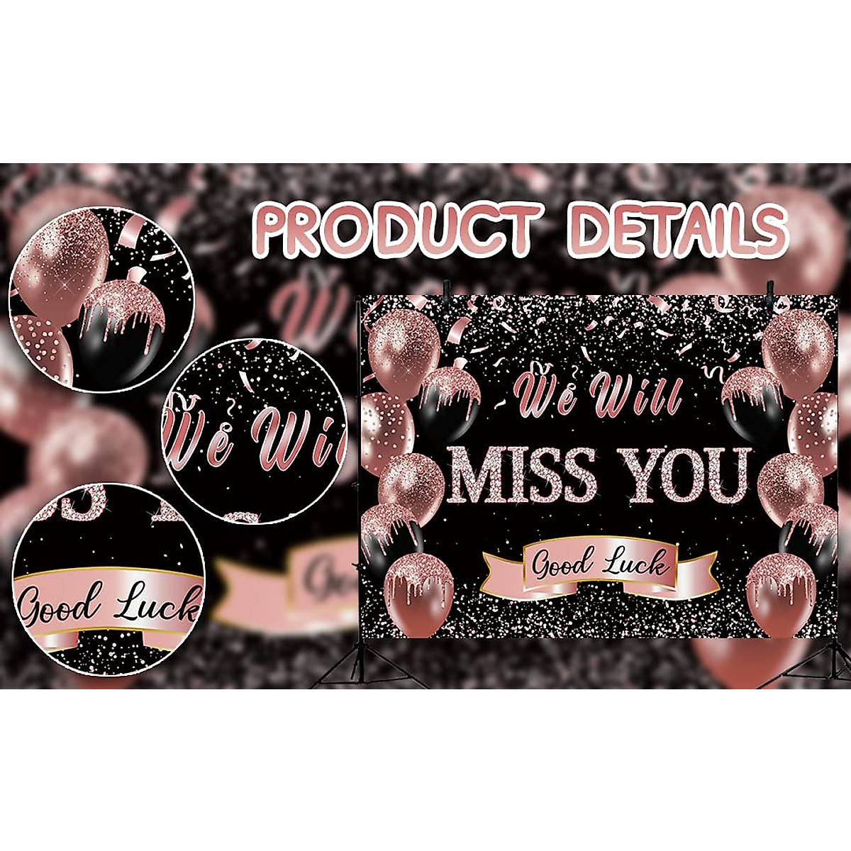 Retirement Farewell Party Backdrop We Will Miss You Rose Gold Glitter Balloon Photography Background Goodbye Going Away Retirement Bye Office Work Graduation Party Decoration 7x5FT