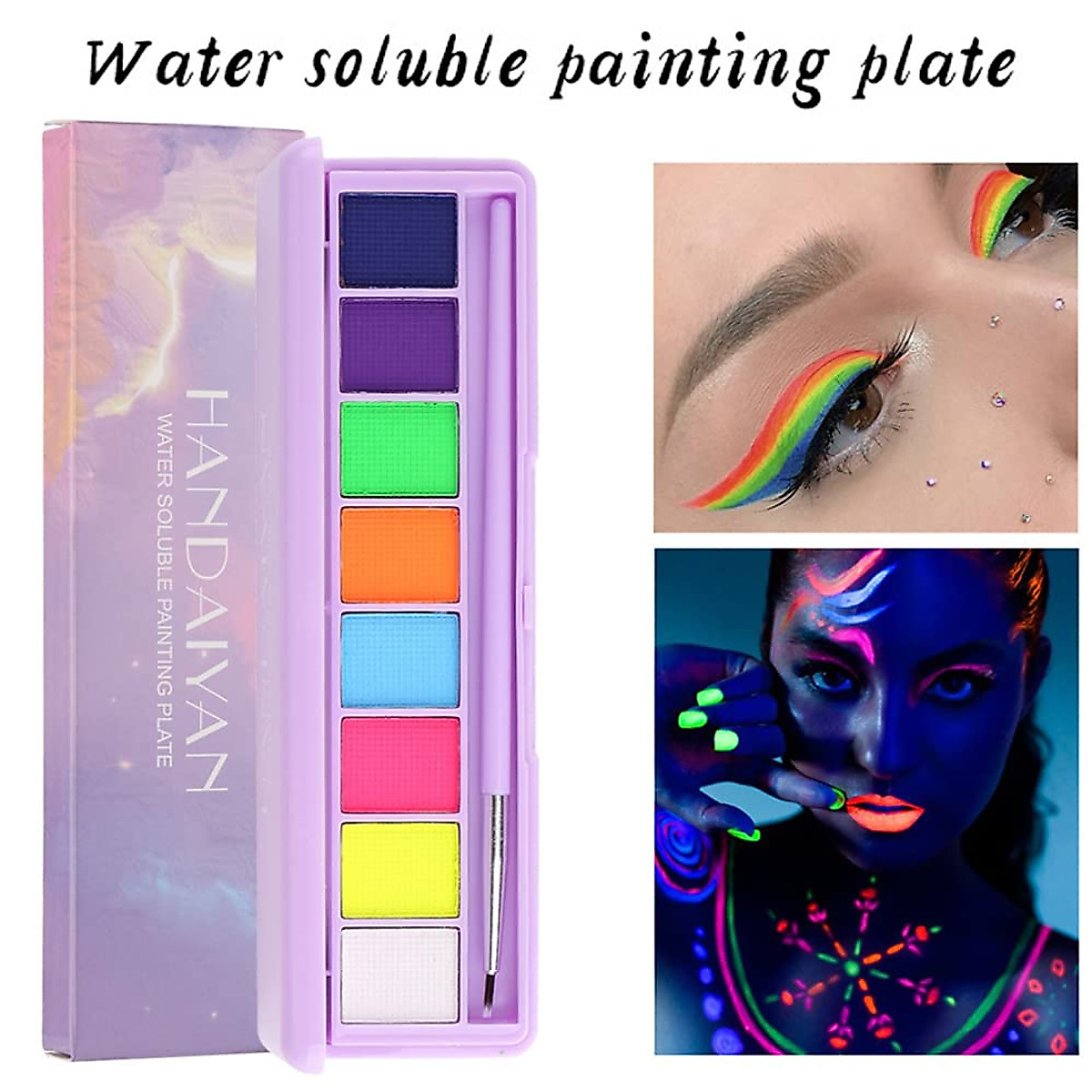 2 PCS Water Activated Eyeliner Palette 8 Colors Neon Face Paint Liner Makeup UV Glow Longlasting Fluorescent Face and Body Paint with Brush for Halloween Christmas (Set AB)
