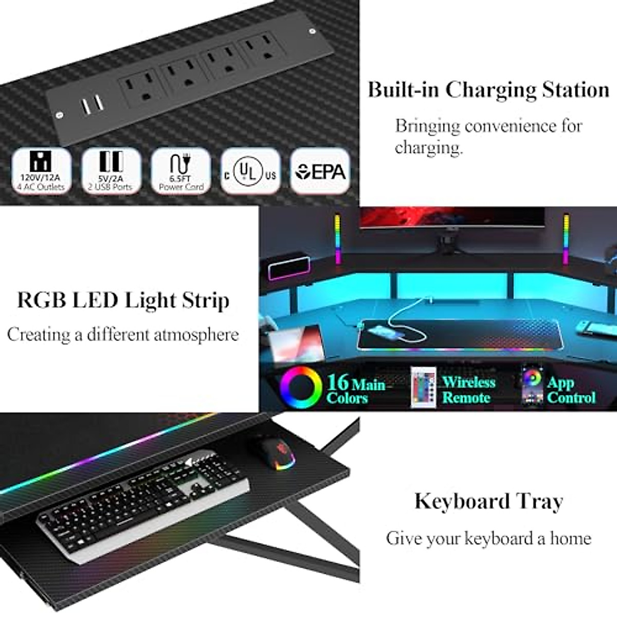 Auromie 72" Gaming Desk with Power Outlet & Led Strip, Large Wing-Shaped Computer Desk w Monitor Stand & Keyboard Tray & RGB Mouse Pad, Studio Desk w Storage Shelf Headphone Hook Cup Holder