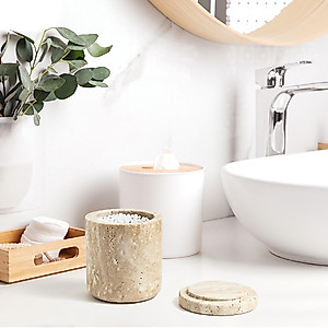 WORHE Travertine Stone Canister Natural Marble Cotton Swabs Container with Lid Large Capacity Cotton Ball Storage Jar for Cotton Swab, Cotton Ball, Makeup Pad, Bath Salt Beige (WH050)