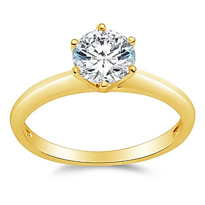 Size - 7.5 - Solid 14k Yellow Gold Round Cut Six Prong Knife Edge Solitaire Engagement Ring CZ Cubic Zirconia 1.25ct.