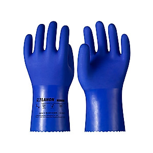 LANON PVC Chemical Resistant Gloves, Heavy-Duty Rubber Gloves, Acid, Alkali and Oil Protection, Non-Slip, Blue, XL