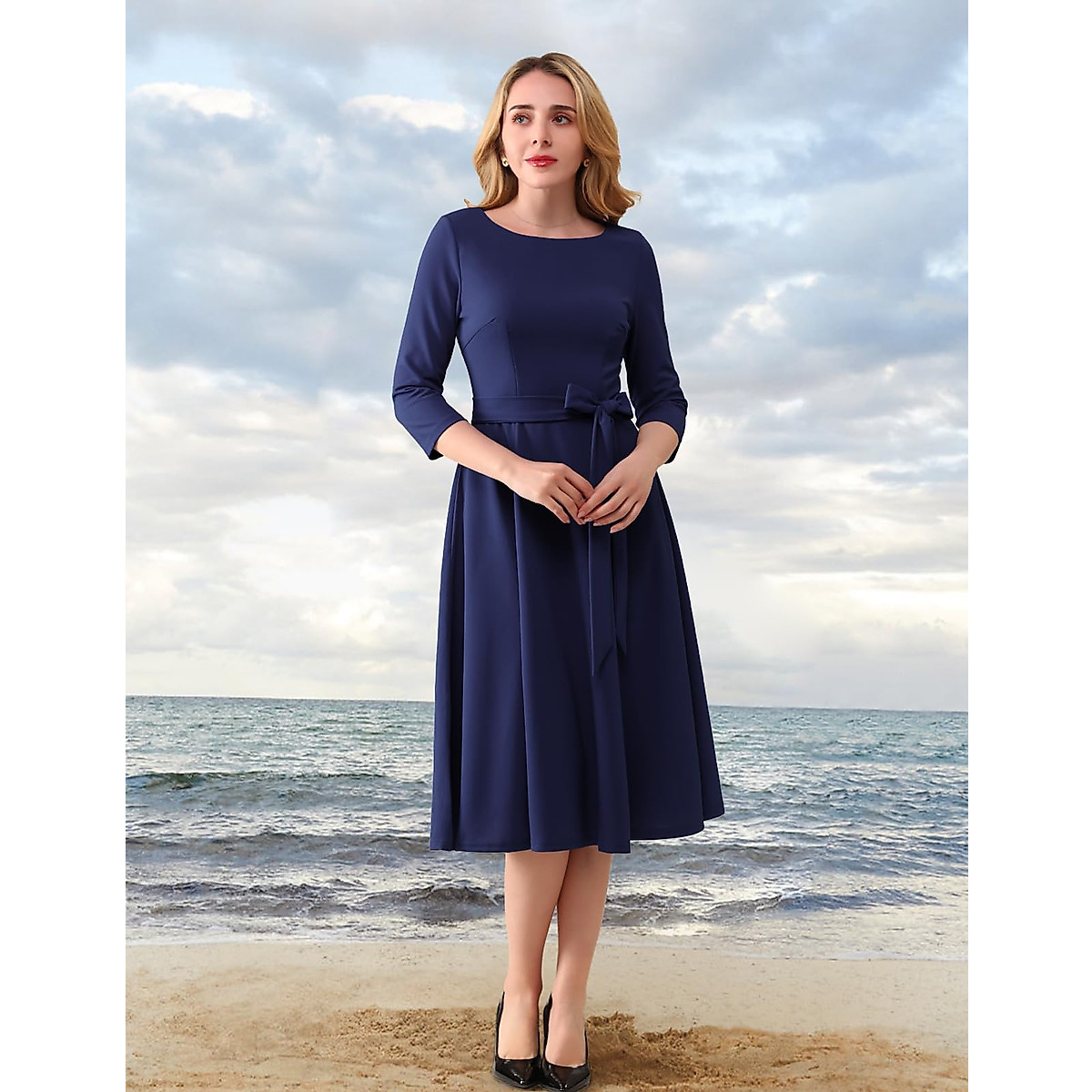 DRESSTELLS Vintage Formal Dress for Women, Wedding Guest Dresses Knee Length, 3/4 Sleeve Fit and Flare, Cocktail Casual Party Church Prom Evening, 2025 Spring, Navy L