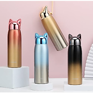 11.2oz/17oz Cat Tumbler Cute Cat Thermos Mug with Pourable Stopper Leak-proof Stainless Steel Double Wall Vacuum Insulated Flask for Kid Women Cat Lovers Gift (Pink Gold(10.5oz))