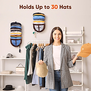 TOINSIX Hat Rack for Baseball Caps - Hat Organizer Holds Up to 30 Caps Storage, Wooden Ball Cap Holder Racks for Wall and Door, No-Drilling Mount (Brown)