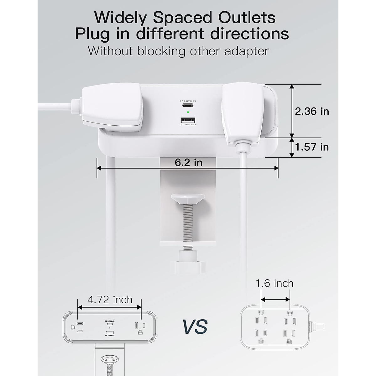 Desk Clamp Power Strip 10ft Flat Plug Extension Cord with USB C, 2 Outlets, Surge Protector USB C (PD 20W), USB A(QC 18W) Fast Charging Ports,Table Outlets for Home, Office