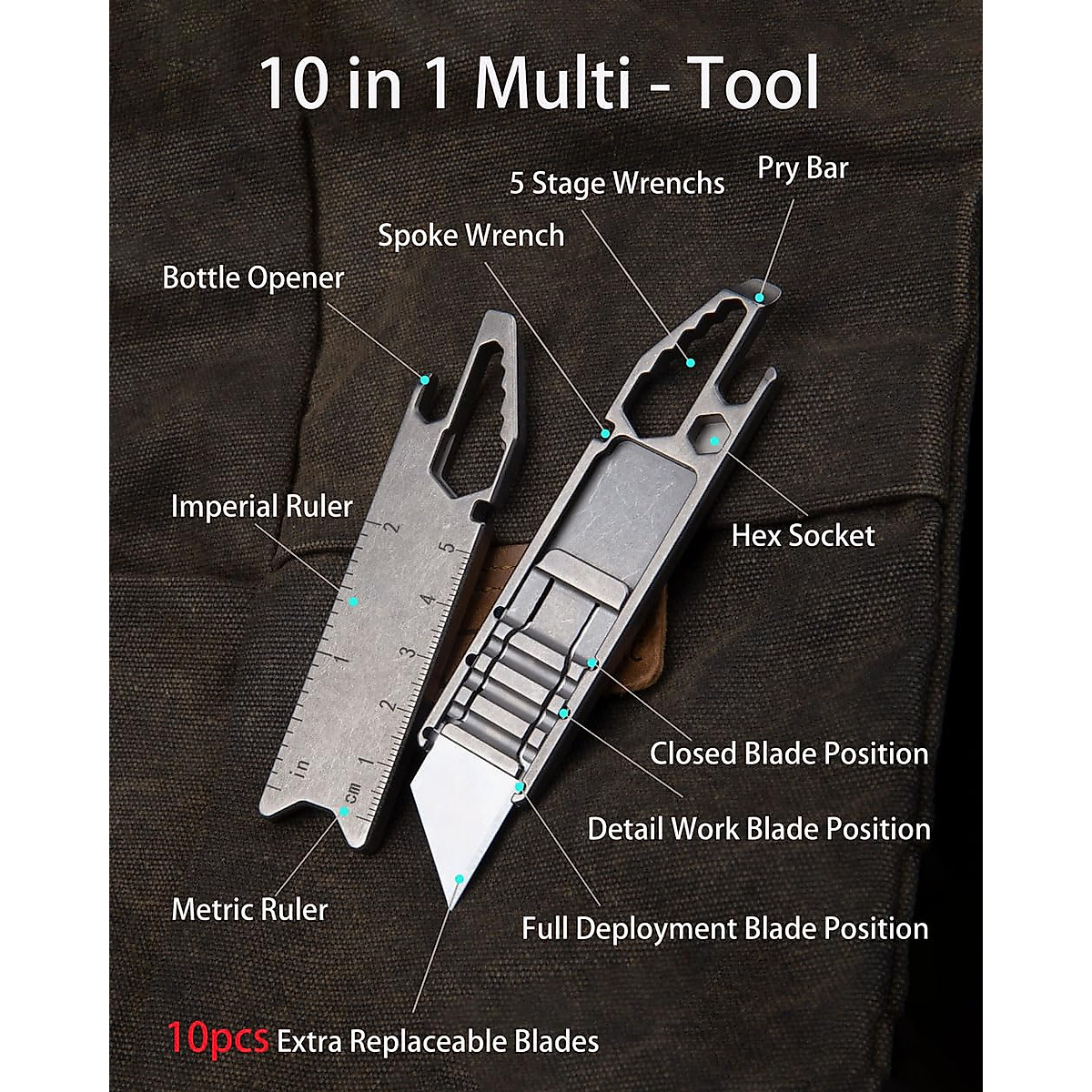 Tenchilon T394 Utility Knife, 10-in-1 Multi-Tool Retractable Pocket Knife, 3.94 inches Titanium Handle with Pry Bar, 10pcs Extra Replaceable SK5 Blades, Keychain Carry Box Cardboard Cutter EDC Knives