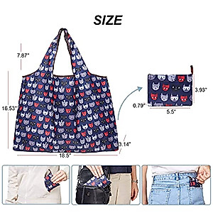 ZEWZE Reusable Shopping Bag, Foldable, Washable Grocery Tote with Pouch, environmental protection, light, small and portable (Cat (blue)+Cat (yellow))