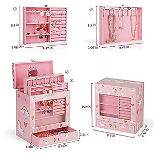 efubaby Jewelry Box for Girls Perspective Window Musical Jewelry Box for Girls with 3 Drawers & Unicorn Jewelry Set Birthday Gifts for Little Girls Kids Jewelry Storage Organizer Christmas Gifts Pink