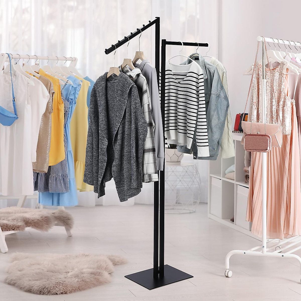 Ripeng 2 Way Clothing Rack with Straight and Slant Arms Heavy Duty Clothes Rack Garment Rack for Retail Restaurants Storage Display, Adjustable from 48 Inch to 72 Inch (Black)