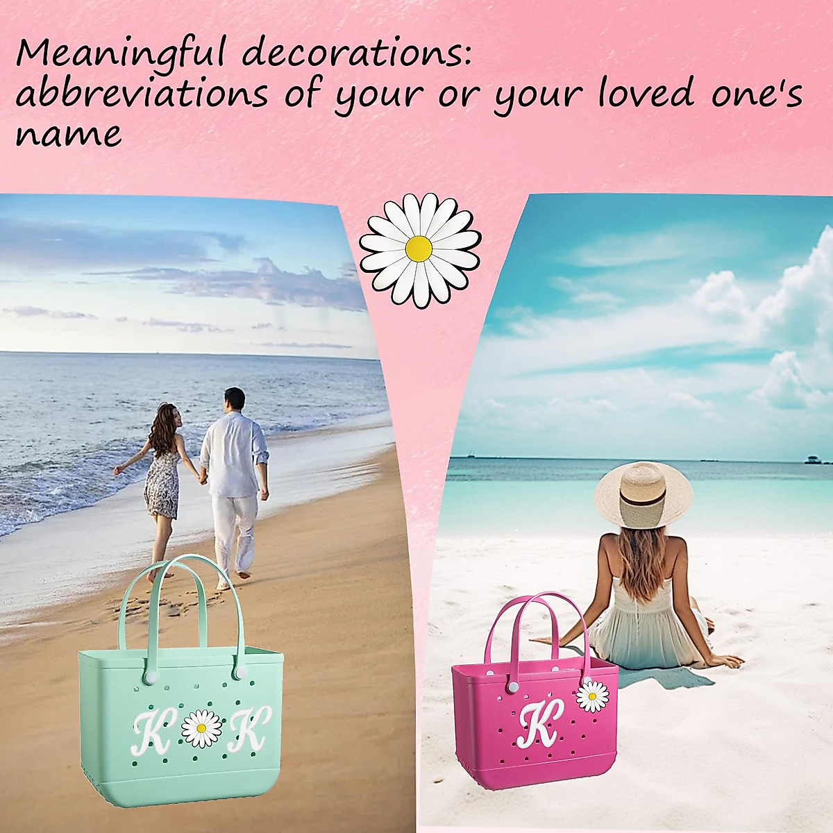 Hroatpk 2pcs Charms for Bogg Bag, Letter Charms Decorative Alphabet Lettering Accessories Insert Charms Compatible with Bogg Bag, Beach Bag, Rubber Tote Bag (Letter K+Flower)