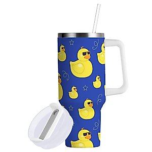 Doodle Cute Yellow Duck Blue Tumbler with Handle and Straw Lid, Cartoon Animal 40 oz Insulated Coffee Cup Stainless Steel Water Bottle Travel Mug Cupholder Friendly,Gifts for Women Men