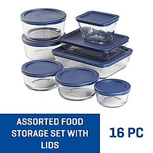 Anchor Hocking 16 Piece Round and Rectangle Glass Food Storage Containers, Space Saving Meal Prep, Navy BPA-Free SnugFit Lids
