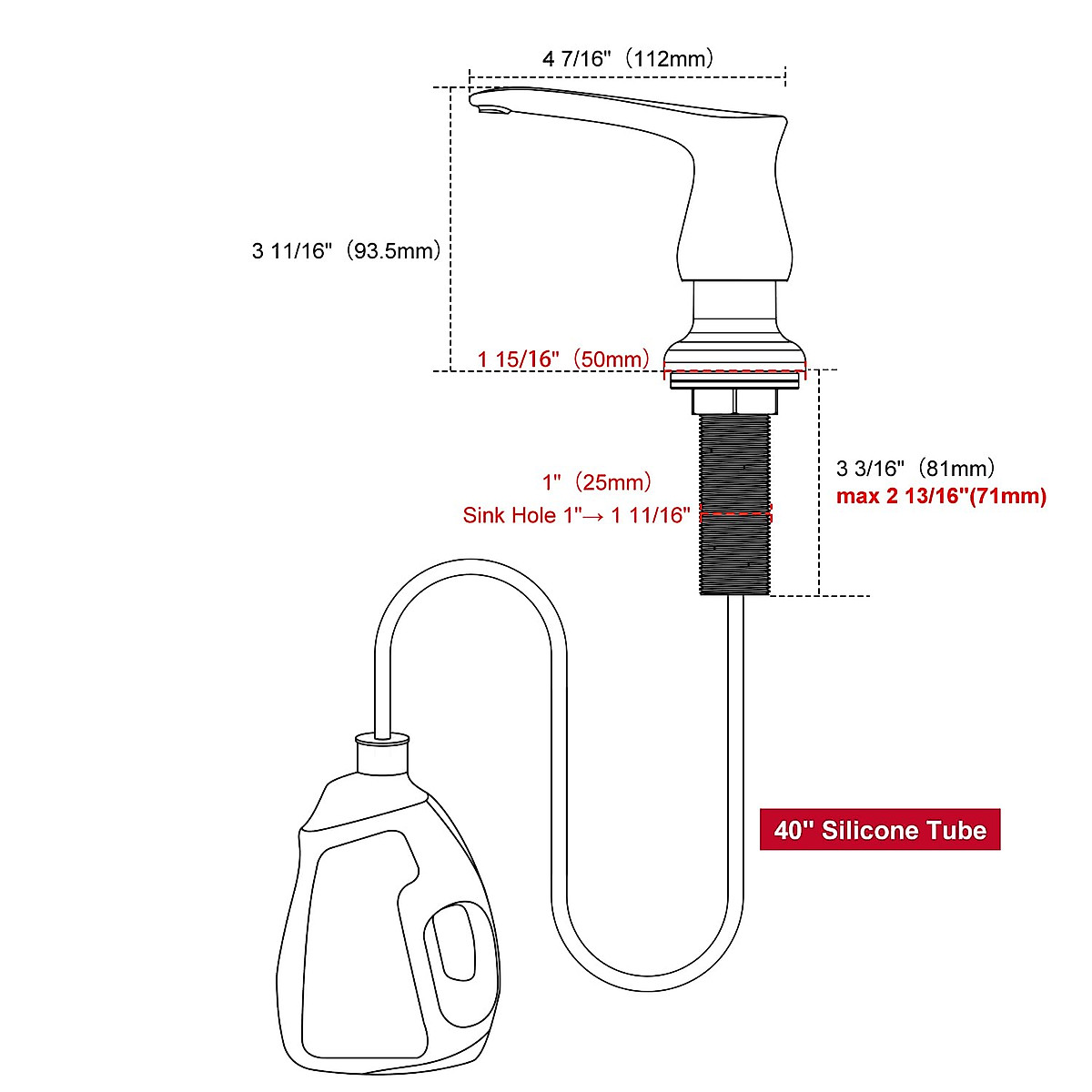 GAGALIFE Kitchen Sink Soap Dispenser Matte Black, Under Sink Soap Dispenser with 40" Silicone Extension Tube Kit,Say Goodbye to Frequent Refills
