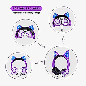 esonstyle Kids Headphones Over Ear with LED Glowing Ears Wired Kids Headsets 85dB Volume Limited 3.5mm Cute Girls Headphones for Online Learning/School/Travel/Tablet (Purple-Cat)