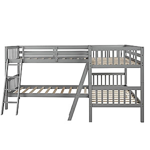 Harper & Bright Designs L-Shaped Twin Size Bunk Bed and Loft Bed, Solid Wood Twin Bunk Bed Loft Bed with Guardrail and Two Ladders for 4 Person (Grey)