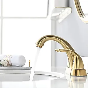 Phiestina Brushed Gold 4 Inch Centerset 2 or 3 Holes 2 Handle Bathroom Faucet, Bathroom Faucet with Copper Pop Up Drain and Water Supply Lines, BF008-5-BG