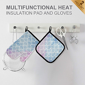 Mermaid Scales Oven Mitts Pot Holders Set Non-Slip Rainbow Fish Scale Cooking Kitchen Gloves Washable Heat Resistant Oven Gloves for Microwave BBQ Baking Grilling Gifts