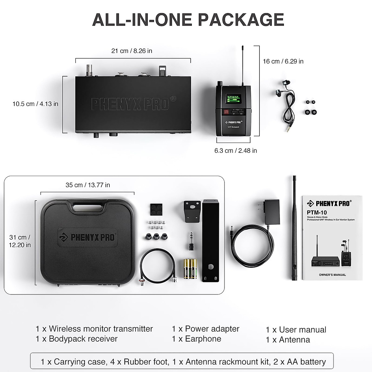 Phenyx Pro UHF Stereo Wireless in Ear Monitor System, Wireless IEM, 900MHz Band Selectable Frequency, Rack Mountable, 160 ft. Operation, suitable for Stage, Studio, Exhibit, Lecture, Speech (PTM-10)