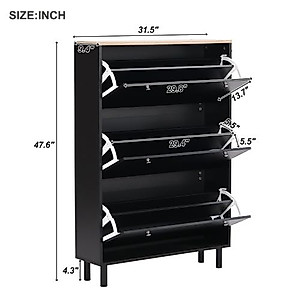 Wekity Narrow Design Shoe Cabinet with 3 Flip Drawers, Wood Grain Pattern Top Entryway Organizer with 3 Hooks, Free Standing Shoe Rack with Adjustable Panel for Hallway (Black)