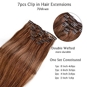 Clip in Hair Extensions, Chocolate Brown to Auburn Clip in Hair Extensions Real Human Hair Clip ins, 18 Inch 7 Pieces 70G Double Weft Straight Remy Human Hair Clip in Extensions