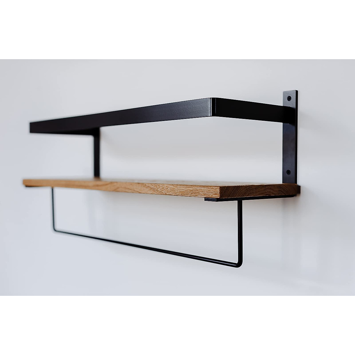 Wood Floating Shelves with Metal Towel Bar, Oak Kitchen Wall Storage Towel Rack, Bathroom Towel Holder, Wall Mounted Steel Towel Rack ETHIMO Bold I