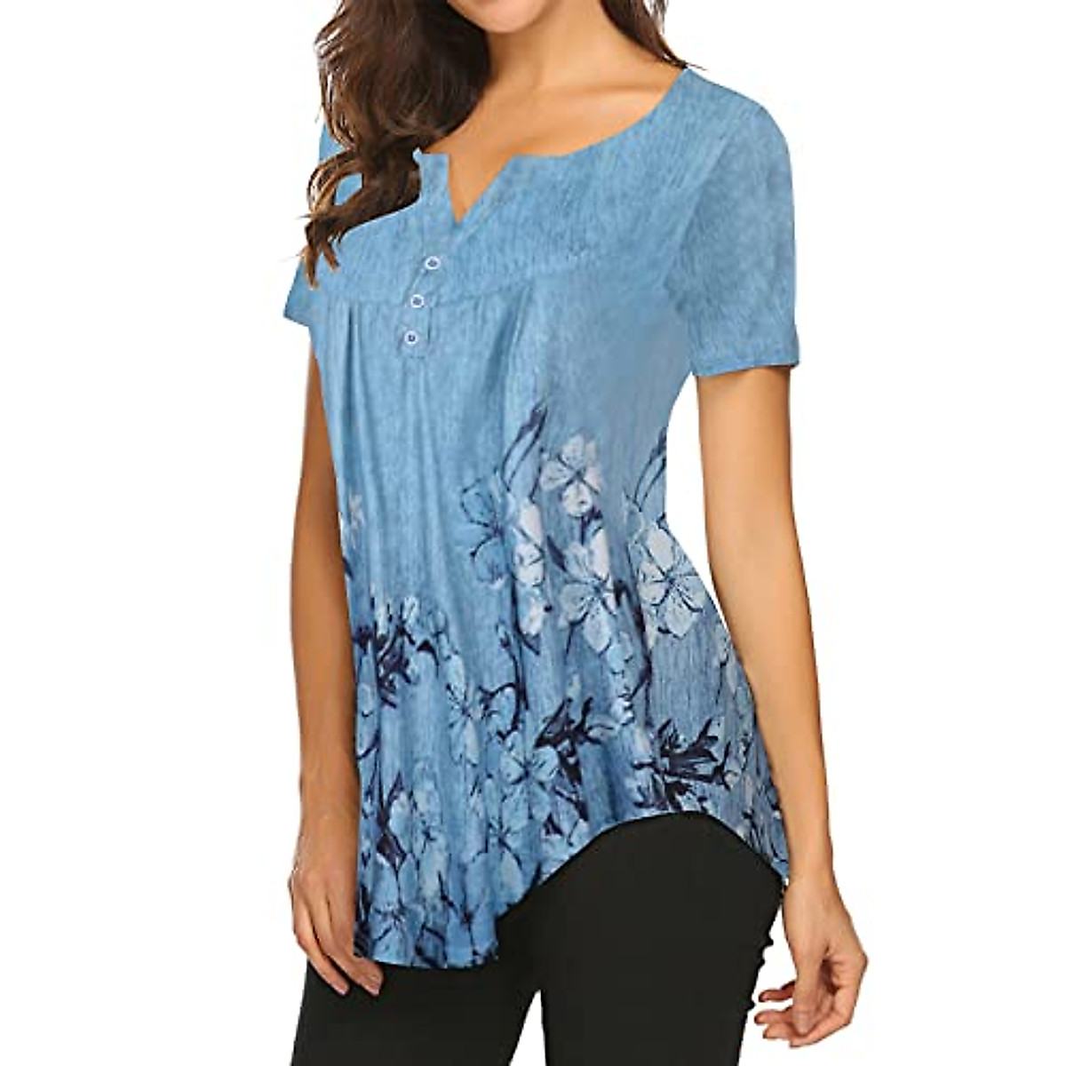 Halife Womens Tops Hide Belly Tunic Short Sleeve Summer Blouses Casual Floral Henley Shirt Blue M
