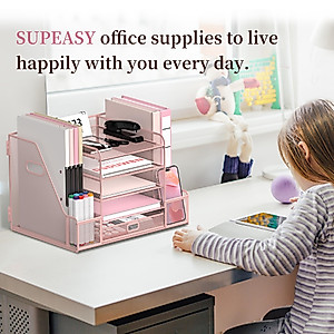 SUPEASY Mesh Desk Organizer with File Holder, 5-Tier Paper Letter Tray Organizer with Magazine Holder, Desktop Organizer and Storage with Drawer for Office Supplies Home or School, Pink