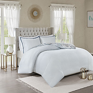 Madison Park Isla Reversible Cotton Duvet - Casual Medallion Floral to Damask Print Reverse, All Season Comforter Cover Bedding Set with Matching Shams, Blue King/Cal King(104"x92") 3 Piece