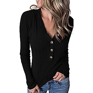 MEROKEETY Women's Long Sleeve V Neck Ribbed Button Knit Sweater Solid Color Tops Black
