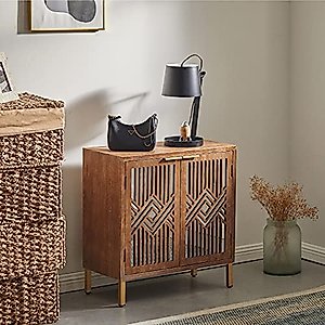 COZAYH 2 Door Accent Cabinet Modern Mirror Fronts Clean-Lined Silhouette, Natural