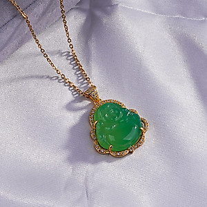 TIKCAUZ Buddha Necklace for Women Men Green Jade Laughing Buddha Pendant with18K Gold Plated Chain Lucky Buddah Necklace Jewelry Gifts for Her Him