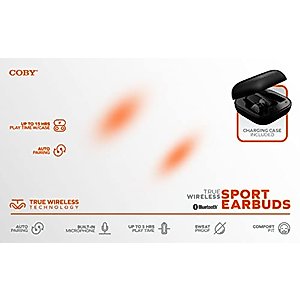 COBY True Wireless Sport Earbuds 15 Hours, Charging Case, Playback Controls, Siri and Google Assistant, Auto Bluetooth 5.0 Pairing, for Gym, Running, Workout - Works with iPhone, Android, iPad (Black)