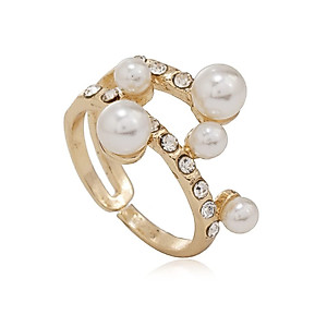 Shell Pearls CZ Wedding Statement Ring for Women Gold Plated Layered Rhinestone Mini Imitation Pearls Open Band Finger Rings Comfort Fit Dainty Birthday Valentine Anniversary Jewelry Size 8