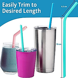 Bent Reusable Silicone Straws (Set of 10) and Cleaning Brush - Flexible, Long, Color Bendy Straws - For 20oz-32oz Tumblers & 30oz Smoothie Cups - Dishwasher Safe, Kid Friendly, and Easy to Clean