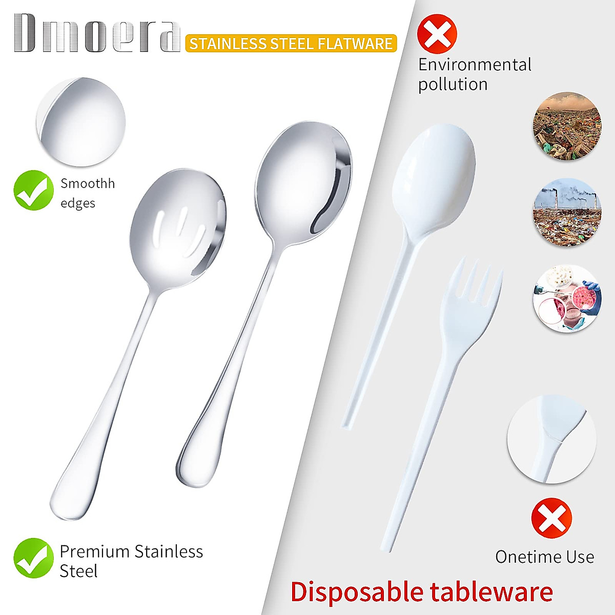 8 Pieces Stainless Steel Flatware Serving Utensils, Include 2 Serving Spoons, 2 Slotted Spoons, 2 Tongs and 2 Forks for Party Buffet Banquet Kitchen