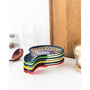 Ceramic Spoon Rest for Stove Top, Large Spoon Holder for Kitchen Counter, Cooking Utensil Rest for Ladle, Spatula, Tongs, Housewarming Gifts Set of 6 - Bohemian Style