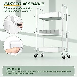 LEHOM 3 Tier Rolling Utility Cart, Metal Trolley Cart with Wheels, Hooks, Easy Assembly Organizer Storage Cart for Bathroom, Kitchen, Office, Bedroom(White)