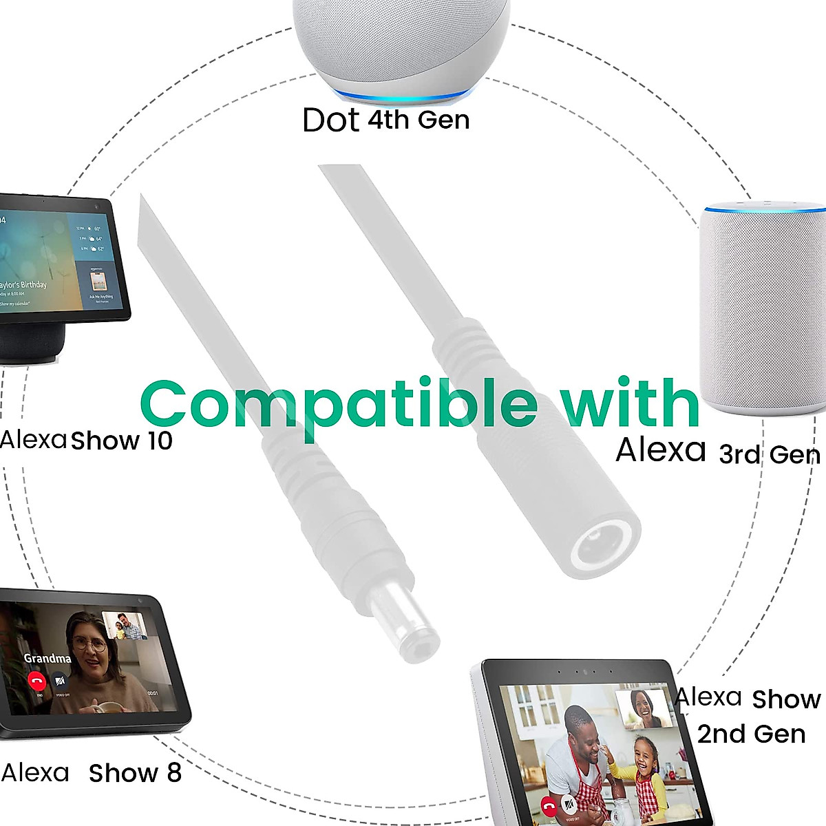 Extension Power Cord Replacement for Echo Show 8, Show 10 3rd Generation, Echo Show 2nd Gen, Amazon Echo 4th Gen - 10 ft Long DC Charger Cable