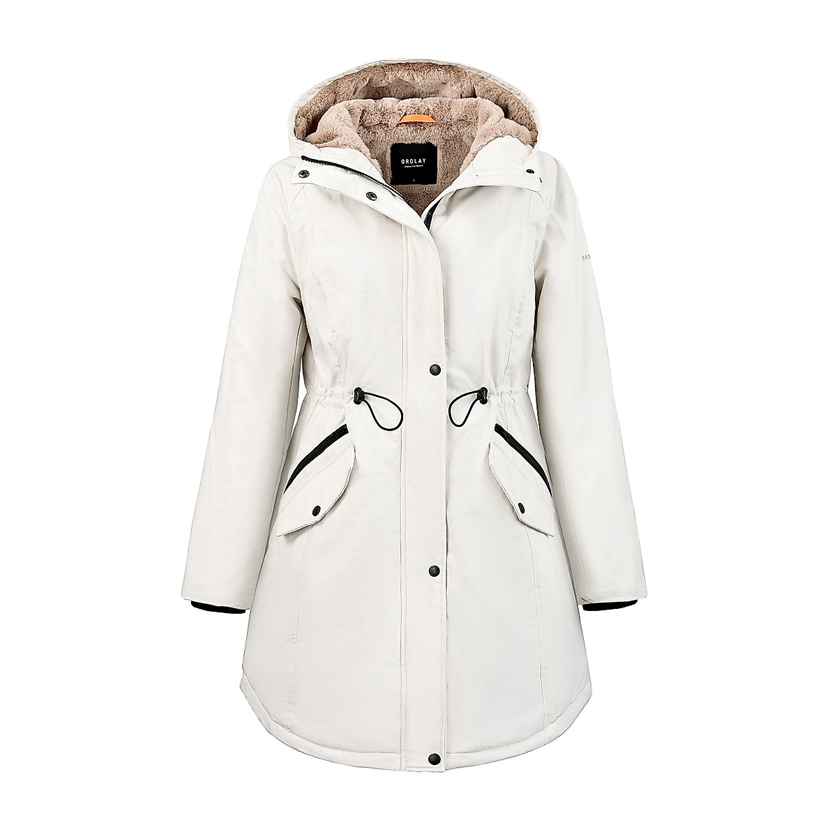 Orolay Women's Thicken Fleece Lined Parka Winter Coat Hooded Jacket with Pockets Beige M