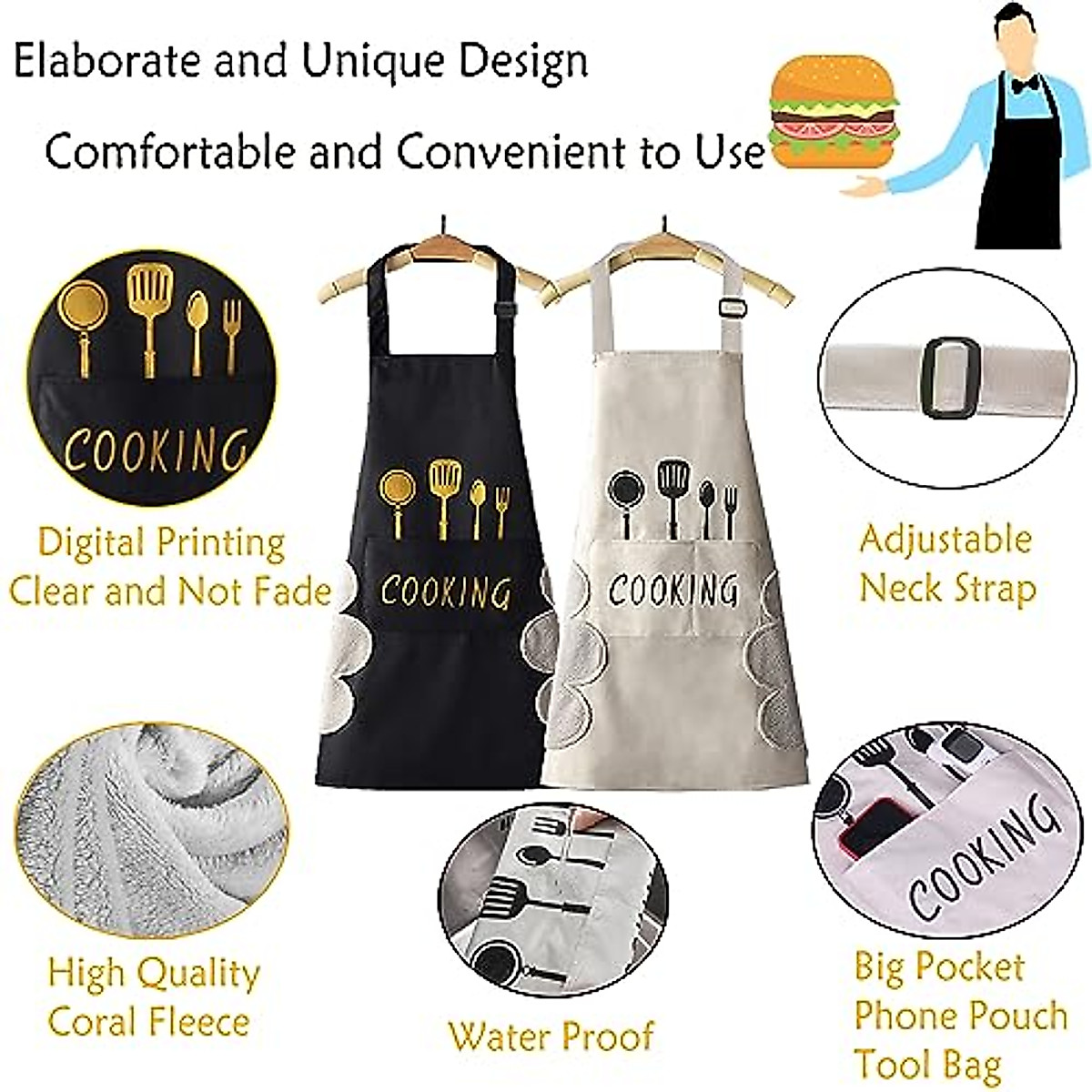 HXYCNNA [2+3 Pack] Kitchen Cooking Aprons, Aprons with Pockets, Aprons for Women, Mens Waterproof Aprons, Adjustable Aprons, Kitchen Apron with Hand Wipe(White/Black)