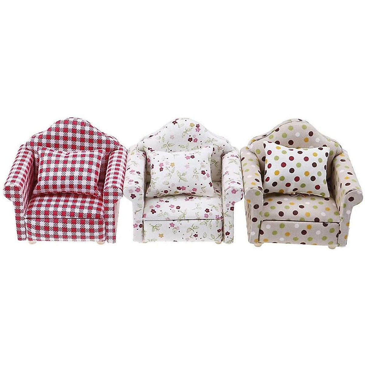 2 Sets 1:12 Scale DIY Dollhouse Sofa&Armchair with Pillow Mini Dolls House Furniture Couch&Chair Miniature Wooden Furniture Handmade Crafts Supplies Red Checkered Dollhouse Toy Dollhouse Accessories
