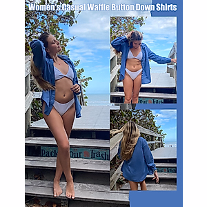 HOTOUCH Waffle Knit Shacket Womens Button Down Shirts Casual Long Sleeve V Neck Button up Blouse Clear Blue S