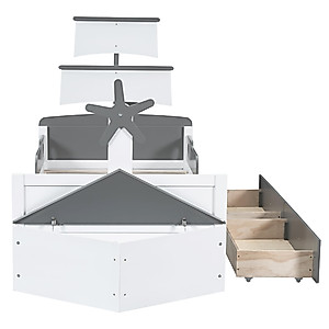 Merax Kids Cute Boat-Shaped Platform Beds Frame with Drawers, Wood Low Daybed with Ottoman for Boys,Girls, No Box Spring Need (Twin, White+Gray)