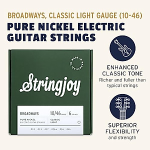 Stringjoy BR1046 Broadways Electric Pure Nickel Guitar Strings, 10-46 Classic Light Gauge, Durable, Guitar Strings for Enhanced Tone & Smooth Play, Electric Guitar Strings 6 String Set