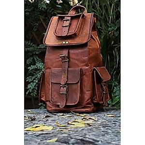 GifteQ Retro Travel Rucksack Backpack Brown Leather Bag for Men Women (18")
