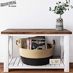 XL and Large Blanket Storage Baskets, 2pc Set – Luxury Palm Woven Basket with Durable Vegan Leather Handles – Decorative Basket for Living Room, Bedroom, Nursery, Blankets, Throws, Toys