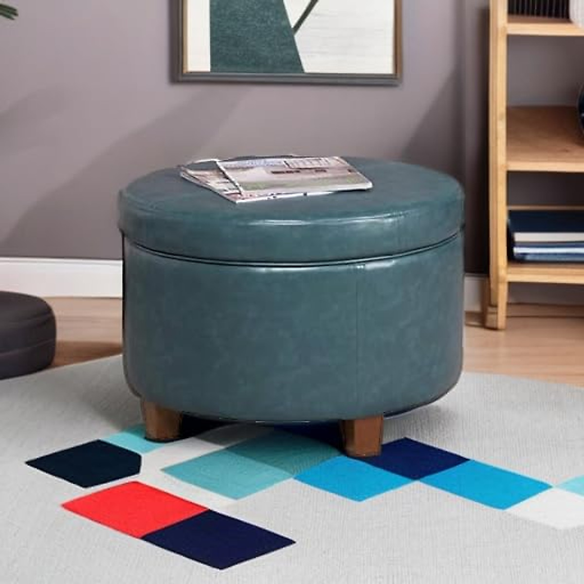 HomePop Round Leatherette Storage Ottoman with Lid, Teal