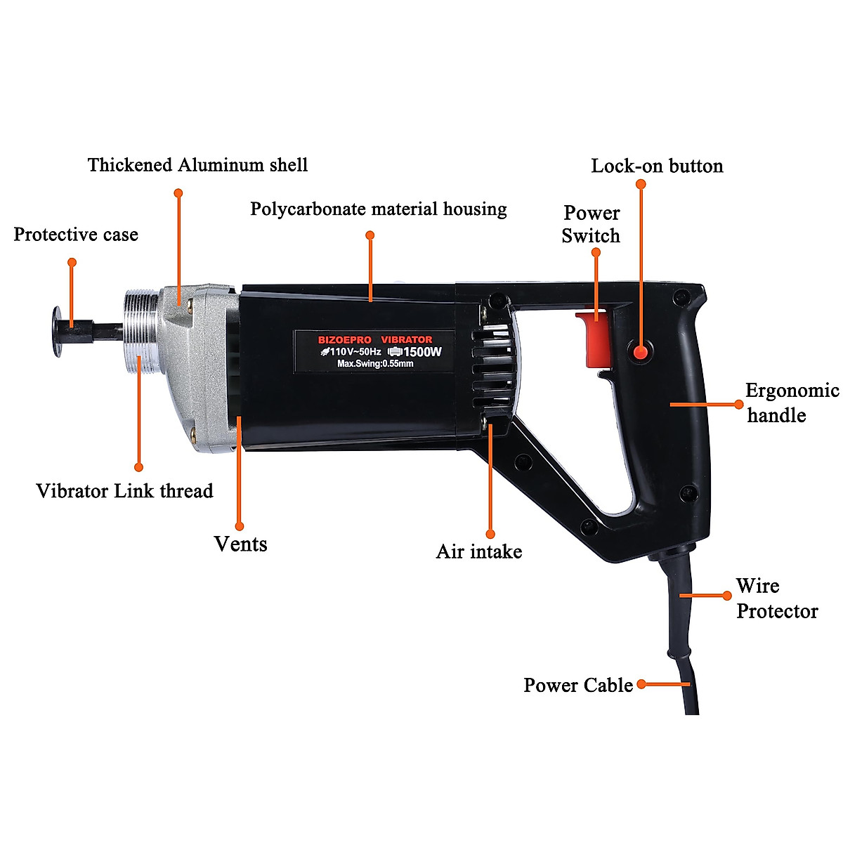 BIZOEPRO Hand Held Power Concrete Vibrator 1500W 13000rpm With 2.5M(8-1/5feet) Shaft Rod Electric Concrete Vibrabrater Portable Construction Pencil Vibrator