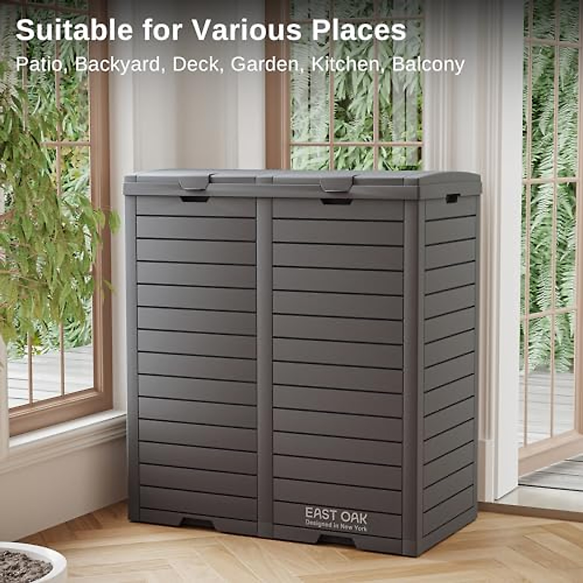 EAST OAK 76 Gallon Outdoor Trash Can | Waterproof Resin Garbage Can with Tiered Lid & Drip Tray | Outside Trash Bin for Patio | Kitchen, Backyard & Deck | Gray Color